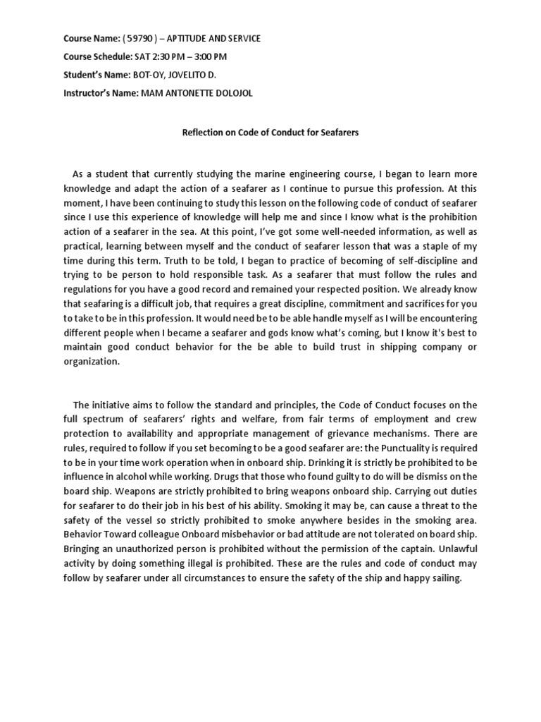 Reflection On Code of Conduct For Seafarers | PDF | Sailor | Disciplines