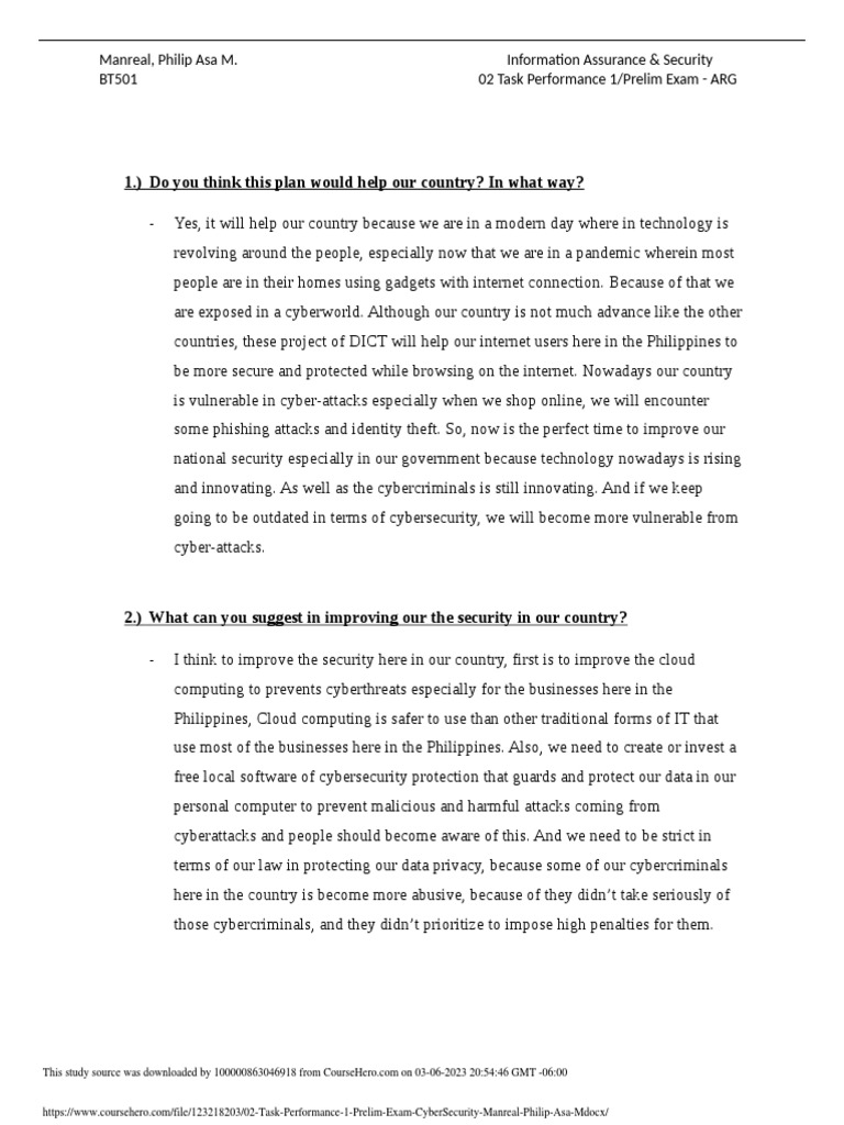 02 Task Performance 1 Prelim Exam CyberSecurity Manreal Philip Asa M | PDF | Security | Computer ...