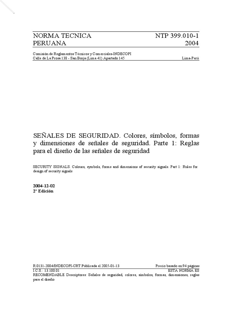 Norma Tecnica Peruana NTP 399.010-1 2004: 2004-12-02 2 Edición | PDF | Color | Espectro de emisión