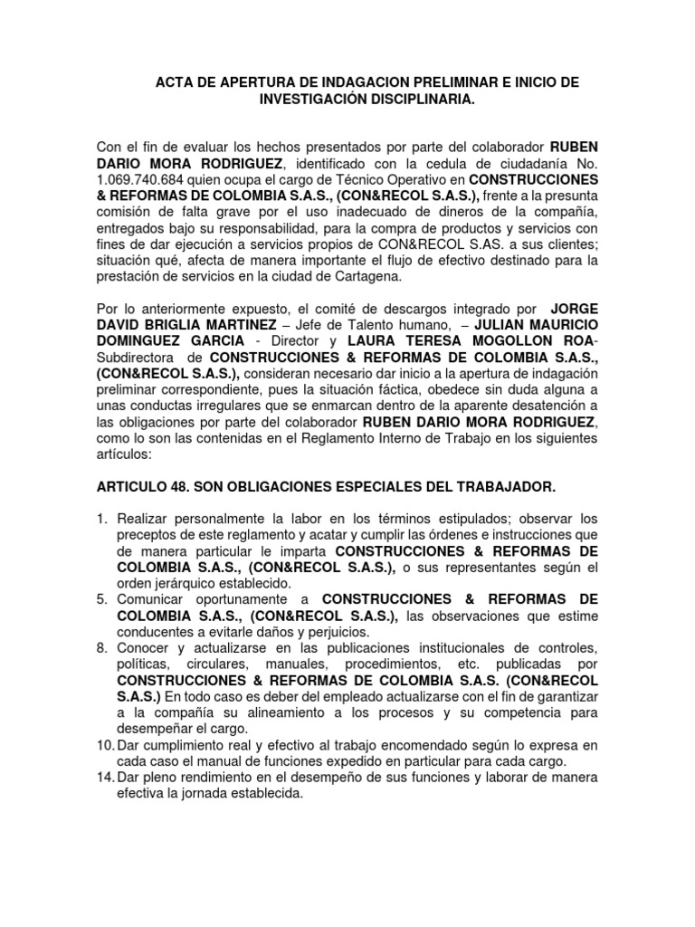 Acta de Indagacion Preliminar | PDF | Colombia | Regulación