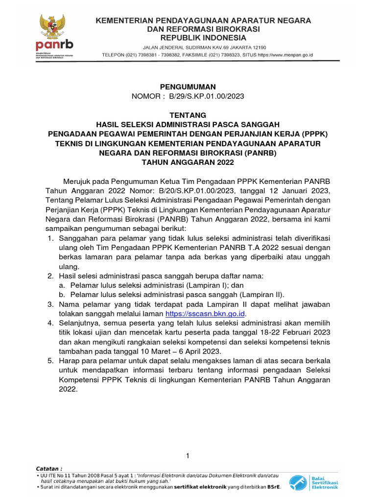 20230126_Pengumuman Pasca Sanggah Hasil Seleksi Administrasi PPPK Teknis Kementerian PANRB TA ...