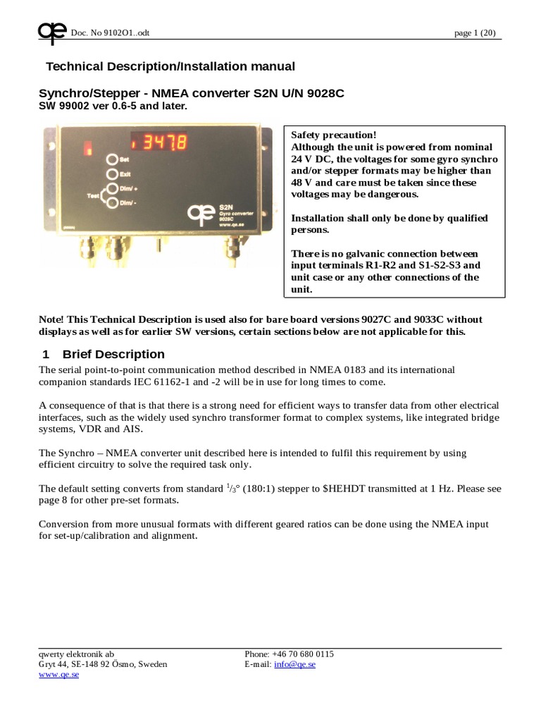 Technical Description/Installation Manual Synchro/Stepper - NMEA Converter S2N U/N 9028C | PDF ...