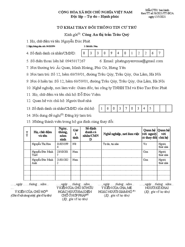 CT01 T Khai Thay Đ I Thông Tin Cư Trú | PDF