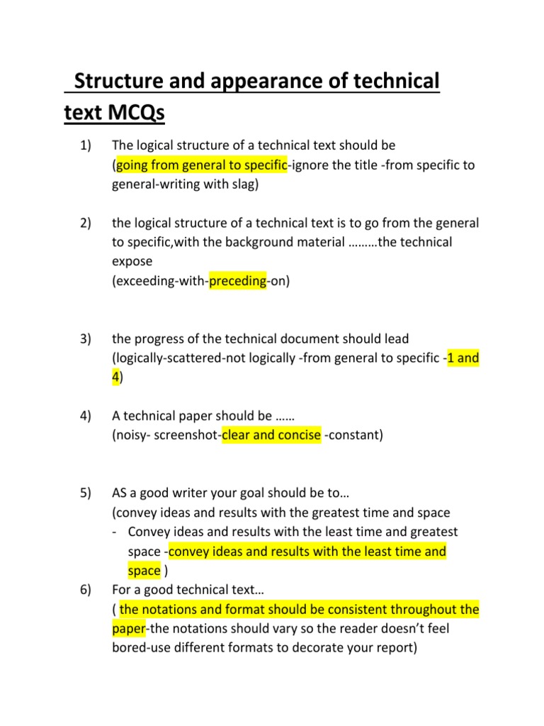 Technical Text Structure MCQs Guide | PDF | Voltage | Science