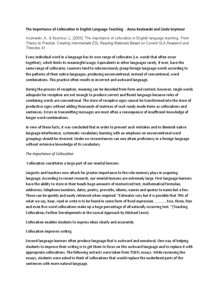 The Importance of Collocation in English Language Teaching (Copy Cite) | PDF | Second Language ...
