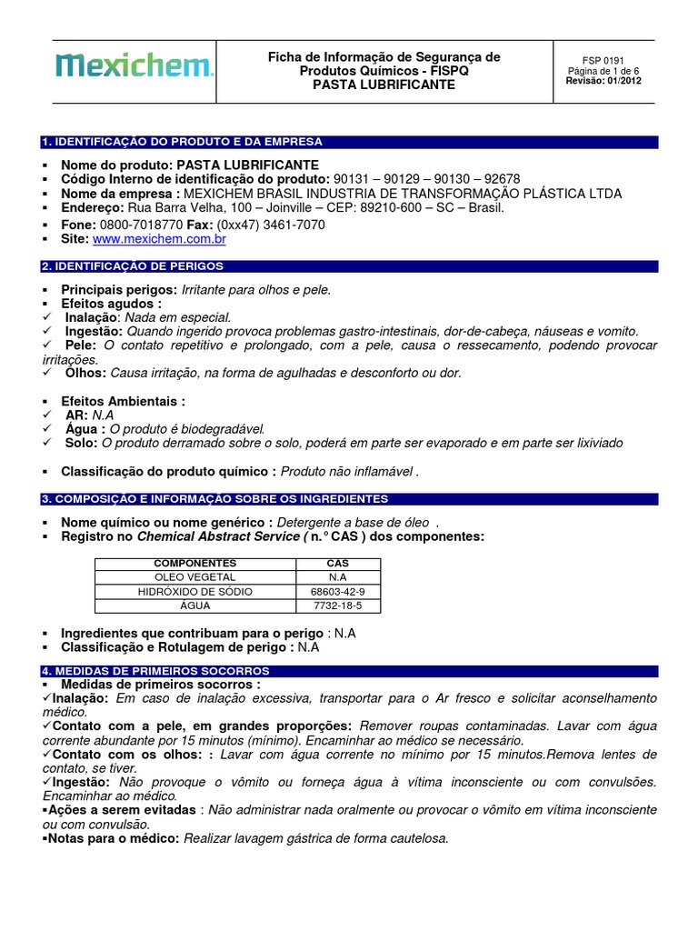 FISPQ Pasta Lubrificante - Segurança Química | PDF | Desperdício | Química