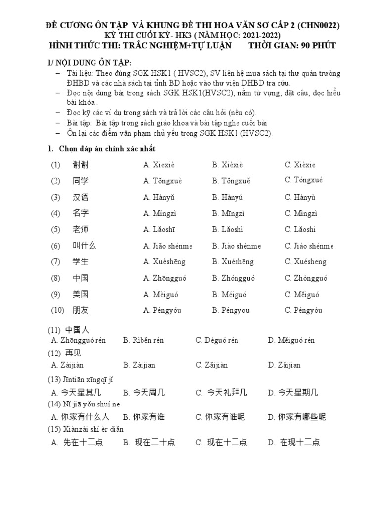 CHN0022 - ĐỀ CƯƠNG ÔN TẬP VÀ KHUNG ĐỀ THI HVSC2 - HK3 | PDF