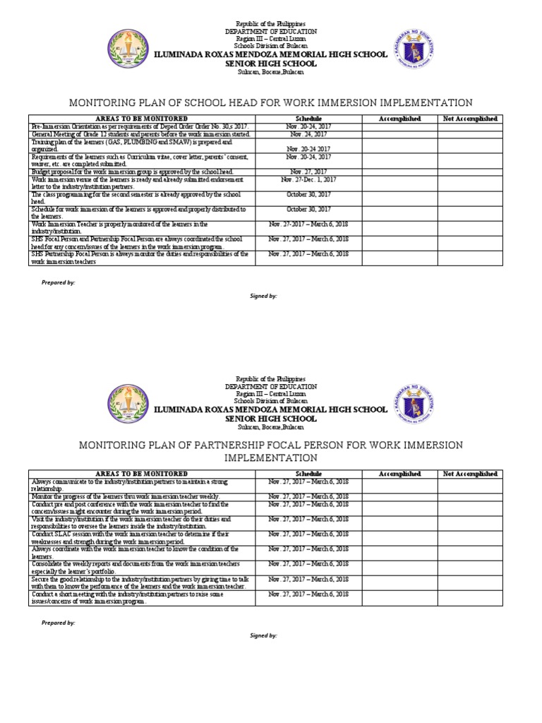 Work Immersion Monitoring Plan | PDF | Teachers