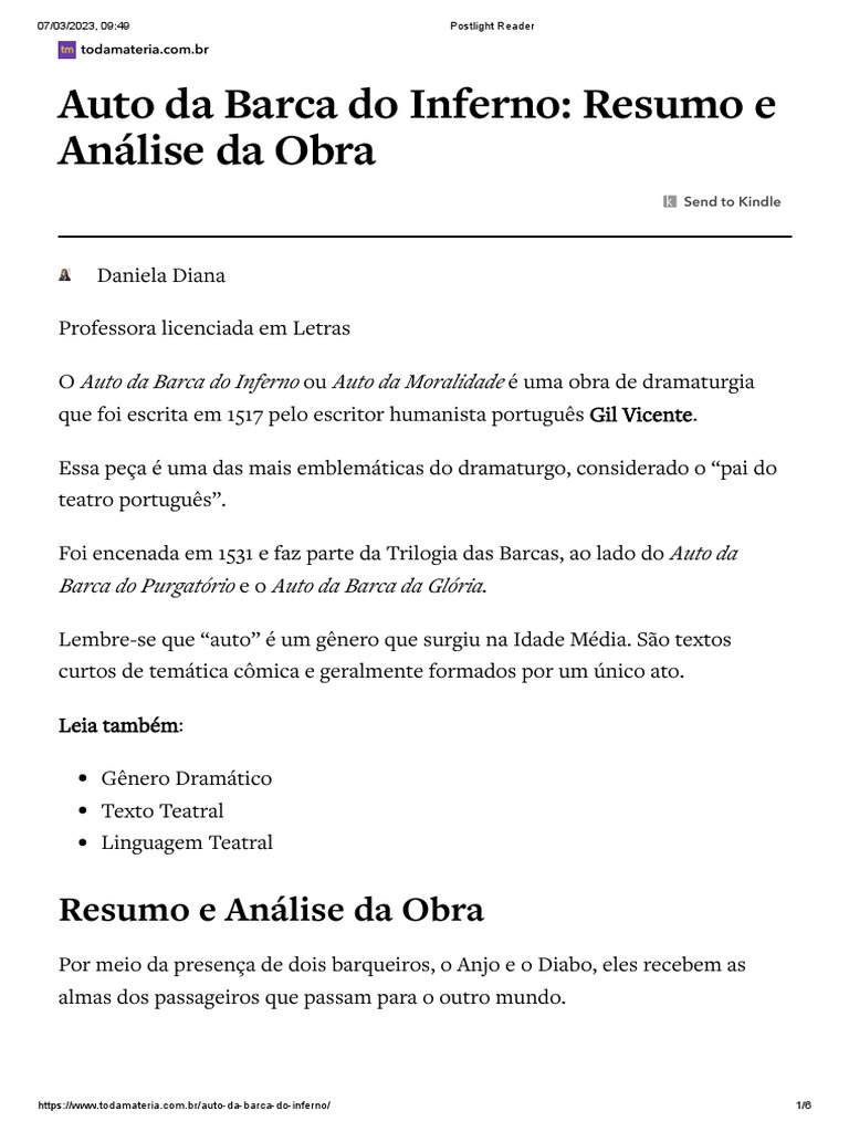 Auto Da Barca Do Inferno - Resumo e Análise Da Obra - Toda Matéria | PDF