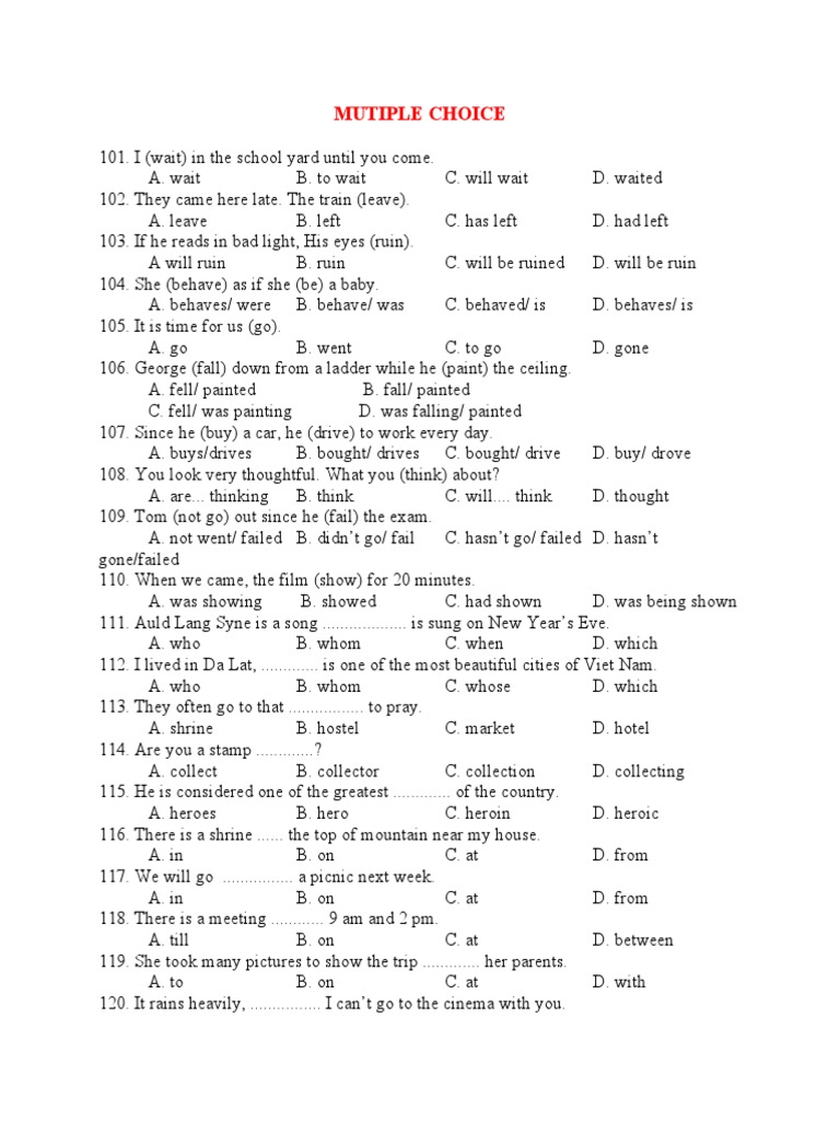 Multiple Choice of Review Tenses 4 Tests - 117971 | PDF