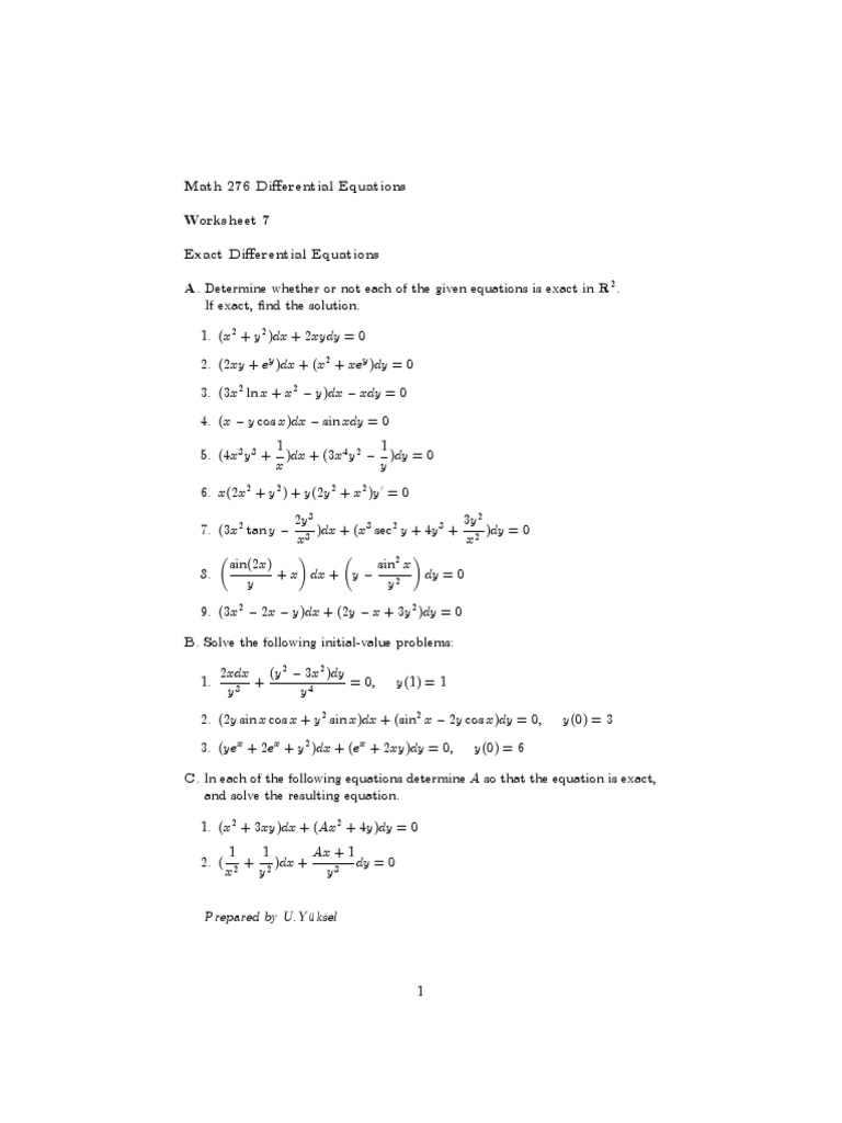 Exact Differential Equations Worksheet | PDF