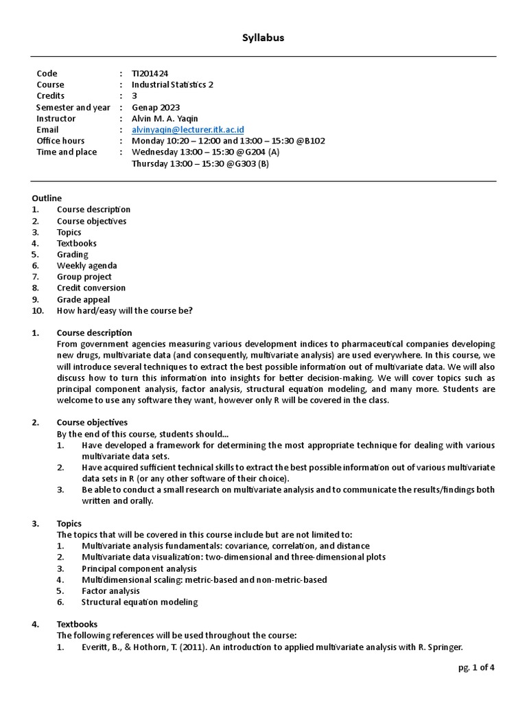 Industrial Statistics 2 Syllabus (2023) | PDF | Structural Equation ...