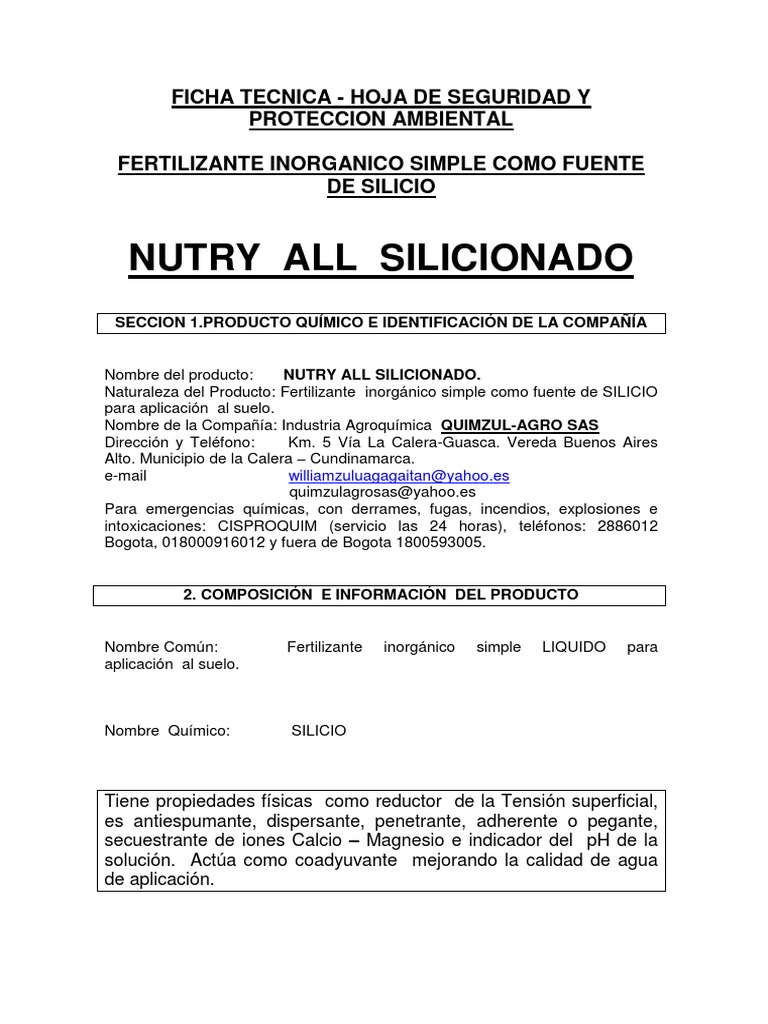 Ficha Tenica Nutry All Silicionado | PDF | Fertilizante | Agua