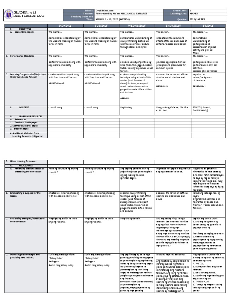 DLL - Mapeh 5 - Q3 - W4 | PDF | Behavior Modification | Learning