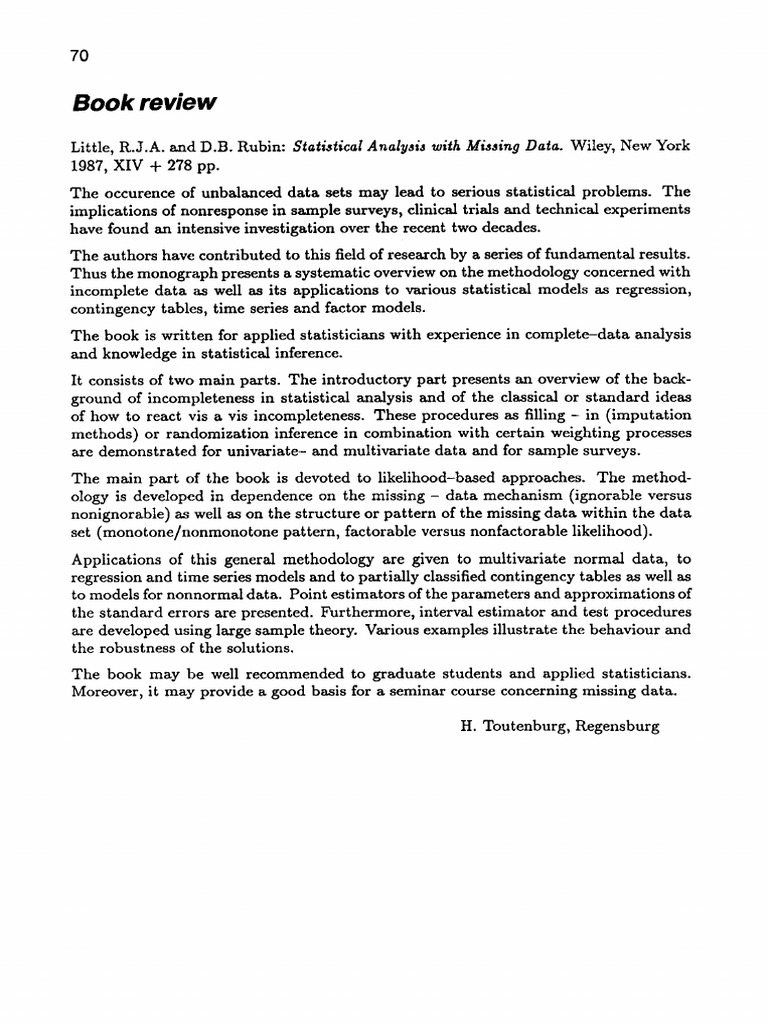 Review: Statistical Analysis with Missing Data | PDF | Science & Mathematics | Computers