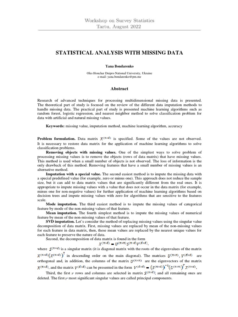 Yana Bondarenko Statistical Analysis With Missing Values | PDF | Matrix (Mathematics ...
