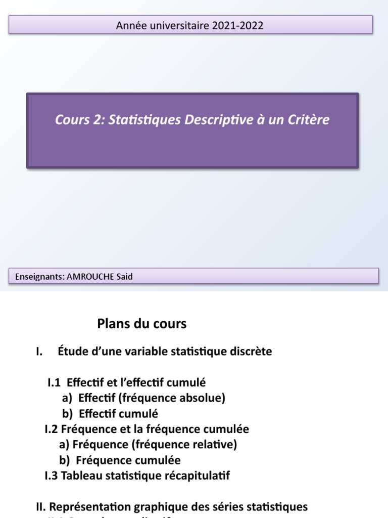 Cours 2: Statistiques Descriptive À Un Critère: Année Universitaire 2021-2022 | PDF | Statistiques