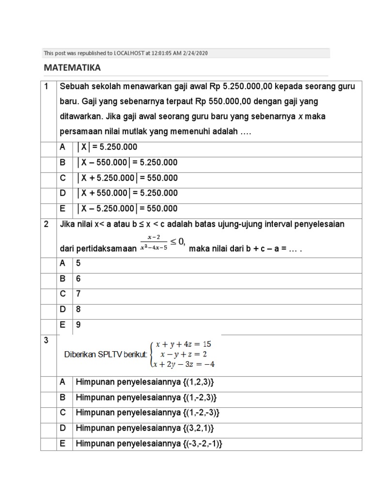 Template Word - SOAL PG MATEMATIKA WAJIB | PDF