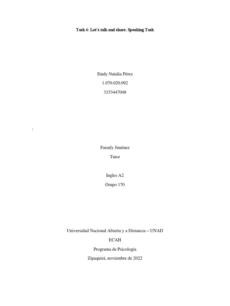 Unit 2 Task 4 - Let's Talk and - Natalia - Perez | PDF | Ciencia cognitiva Unit 2 Task 4 - Let's Talk and - Natalia - Perez | PDF | Ciencia cognitiva