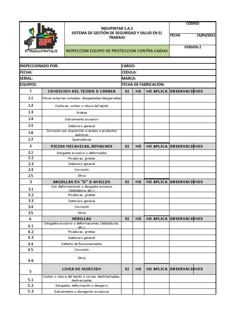 Formato Inspeccion Arnes V2 | PDF