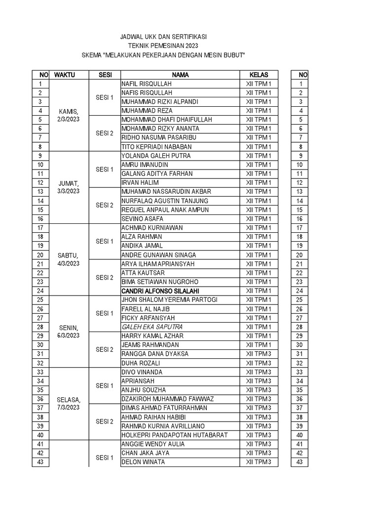 Jadwal Sertifikasi Bubut & Frais 2023 Rev. | PDF