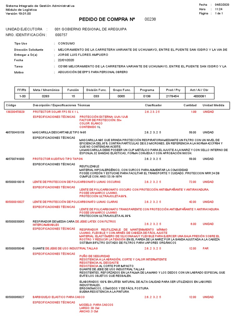 Pedido de Compra #238 - EPP's Personal Obrero | PDF | Materiales