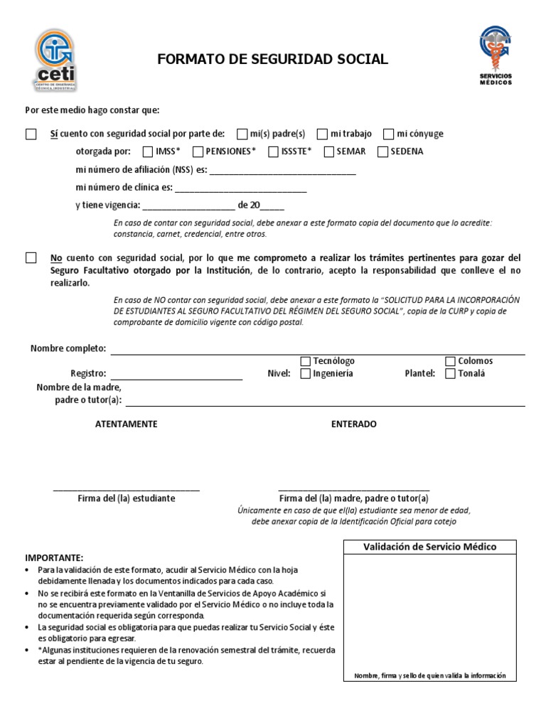 Formato de Seguridad Social Estudiantil | PDF