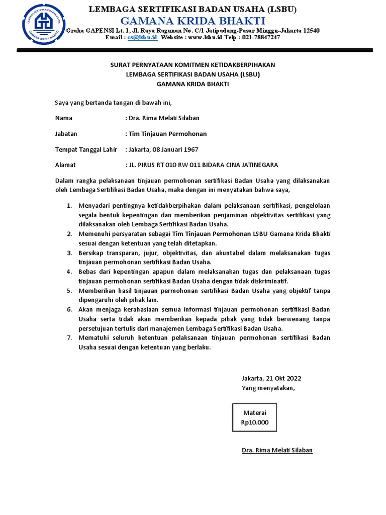 FORMAT - SURAT PERNYATAAN KOMITMEN KETIDAKBERPIHAKAN - TTP.docx | PDF