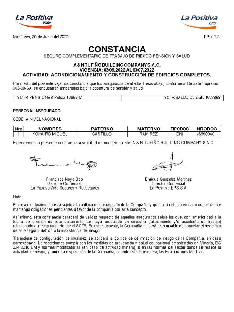 PDF Constancia de Aseguramiento SCTR Salud y Pensión 2022 | PDF | Seguro