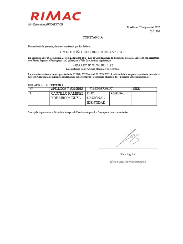 Constancia de Póliza Vida Ley Rimac | PDF | Finanzas y dinero