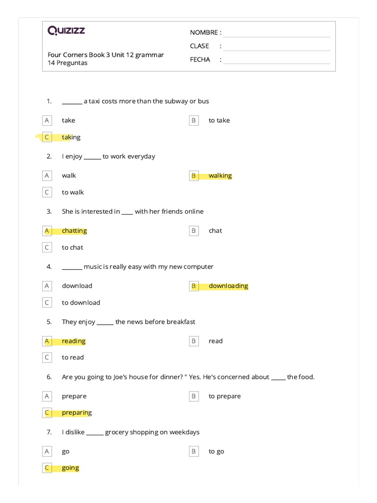 Four Corners 3 Unit 12 Grammar Quiz | PDF