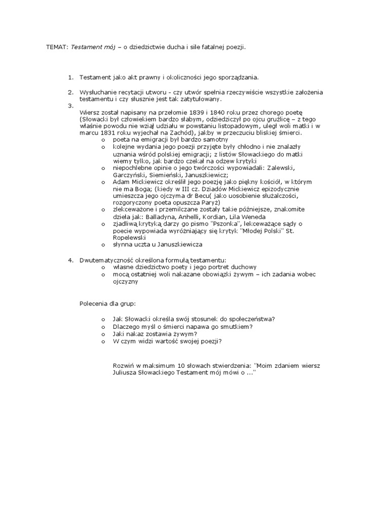 Testament Mój - Zadania I Informacje Do Lekcji | PDF