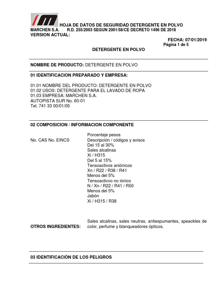 Hoja de Seguridad Detergente Marchen S.A. | PDF | Detergente | Agua