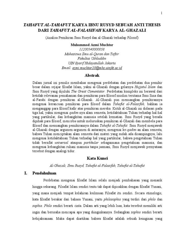 Tahafut Al-Tahafut Karya Ibnu Rusyd Sebuah Anti Thesis Dari Tahafut Al ...