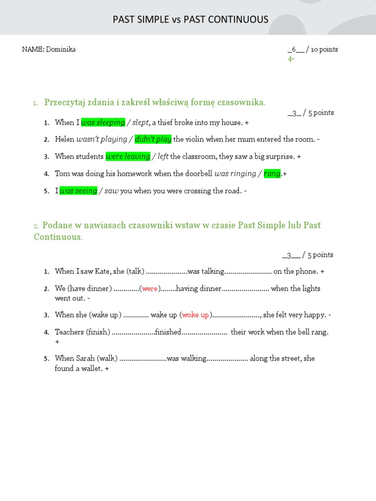 Short Test PAST SIMPLE Vs PAST CONTINUOUS | PDF