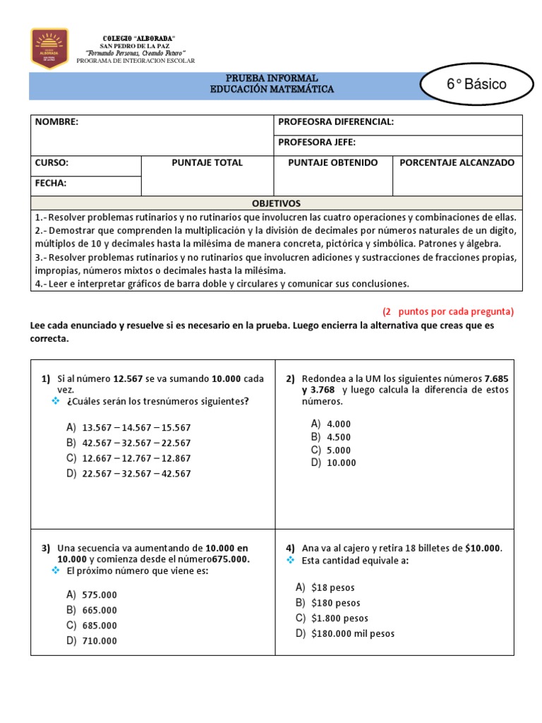 PRUEBA 6° BASICO MATEMÁTICAS | PDF | Matemática Elemental | Matemáticas
