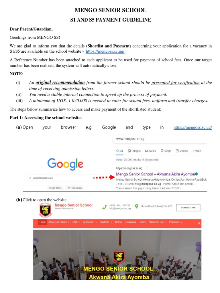 Mengo Senior School S1 - S5 Payment Reference Guide | PDF | Payments ...