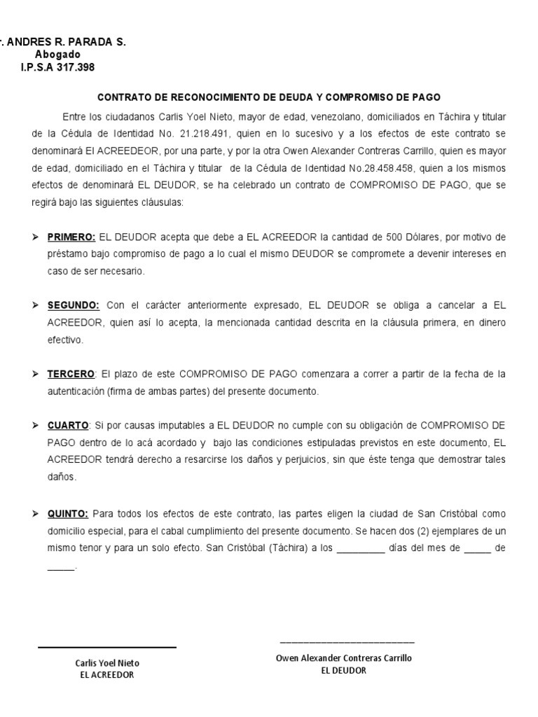 Contrato de Reconocimiento de Deuda y Compromiso de Pago | PDF Contrato de Reconocimiento de Deuda y Compromiso de Pago | PDF