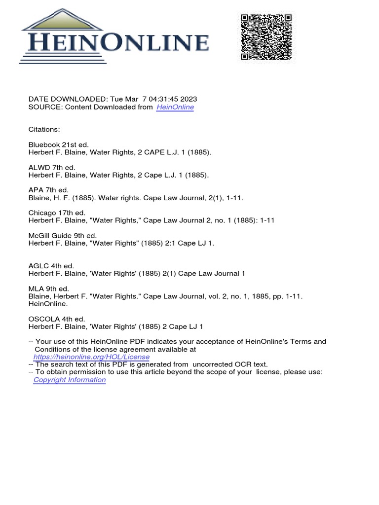 Herbert F. Blaine, Water Rights, 2 CAPE L.J. 1 (1885) . | PDF | Stream ...