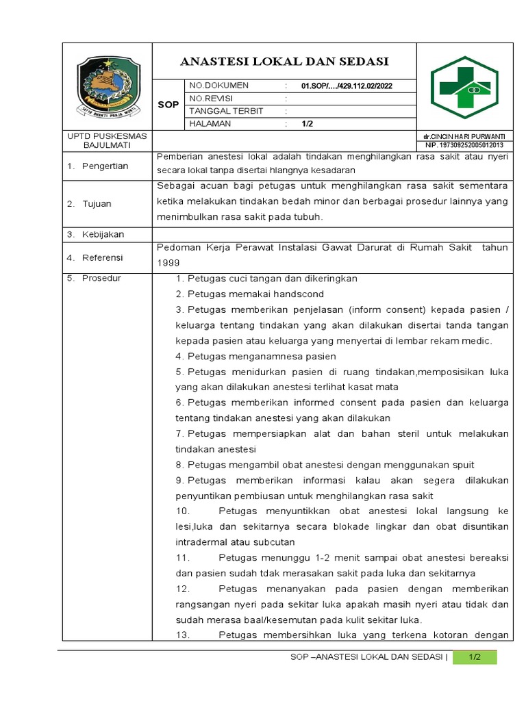 Sop Anastesi Lokal Dan Sedasi | PDF