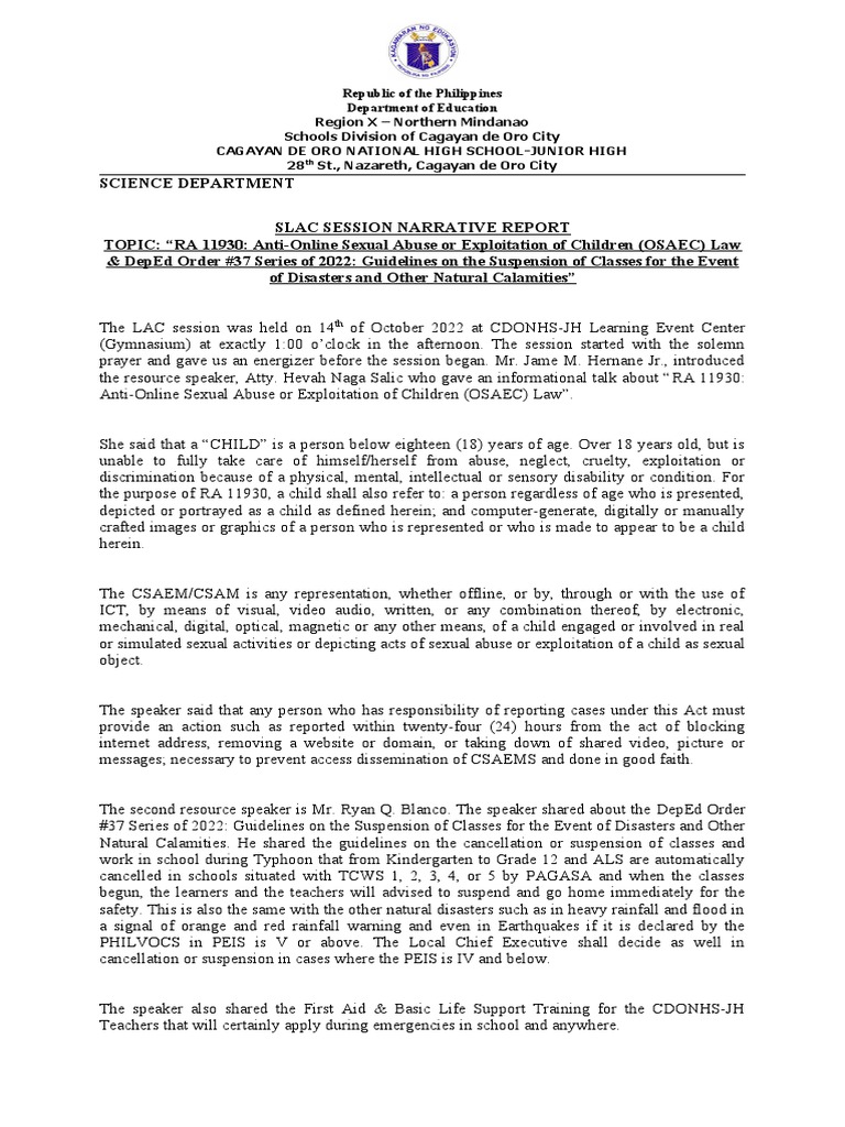 NARRATIVE REPORT SLAC SESSION October 14, 2023 | PDF