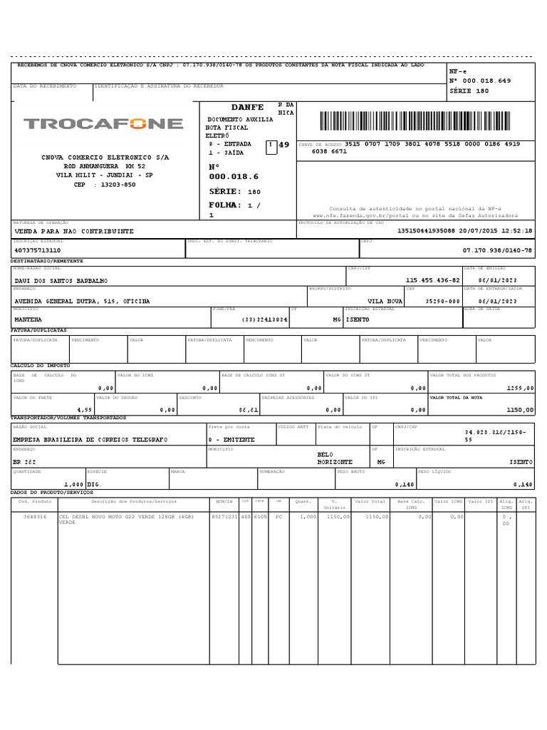 Nota Fiscal Eletronica Moto G22 | PDF | Recibo | Documentos empresariais