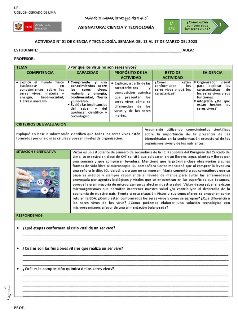 (PDF) 1° SEC. EDA 1 SEMANA 1 CYT 2023 Por Qué Los Virus No Son Seres Vivos | PDF | Organismos ...