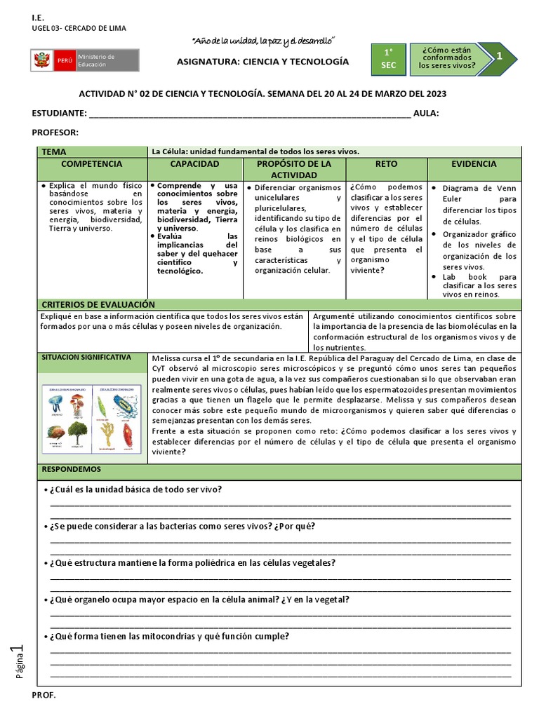 (PDF) 1° SEC. EDA 1 SEMANA 2 CYT 2023 La Célula Unidad Fundamental de Todos Los Seres Vivos ...