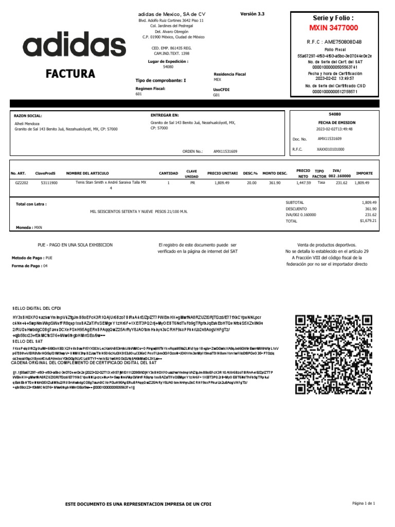 Factura de venta de tenis deportivos entre adidas de México y cliente | PDF