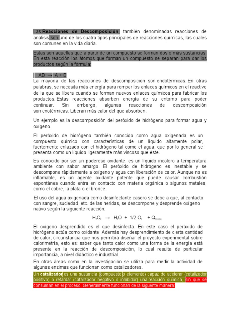 La función de la enzima catalasa | PDF | Catálisis | Peróxido de hidrógeno