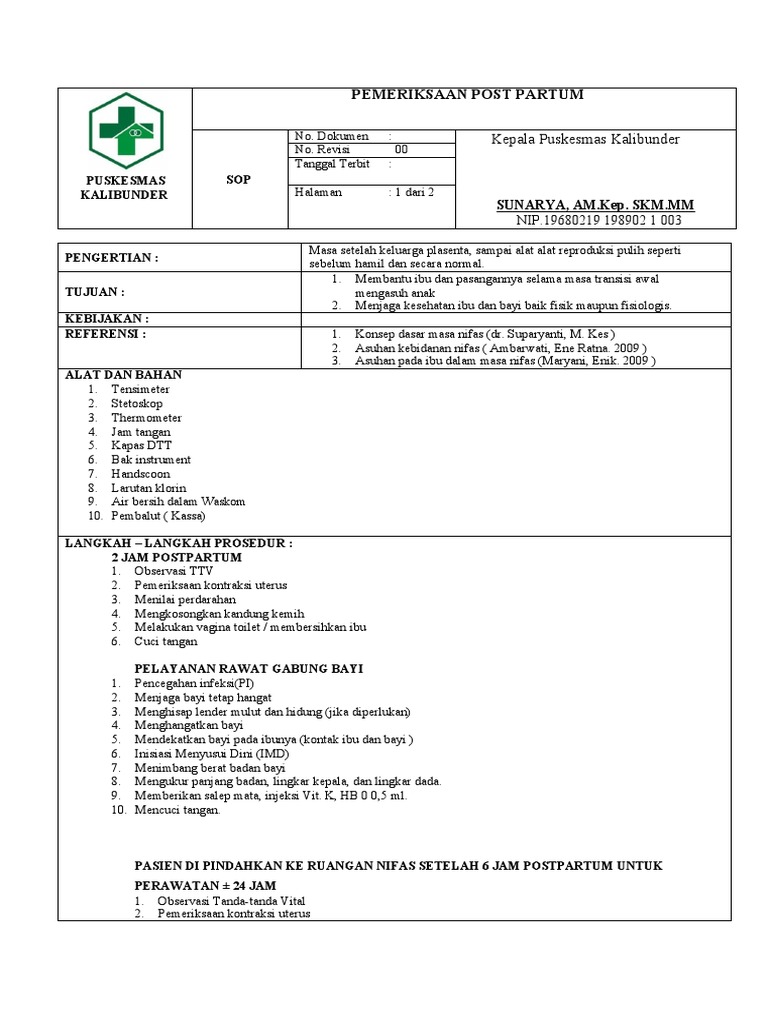 Sop Pemeriksaan Post Partum % | PDF