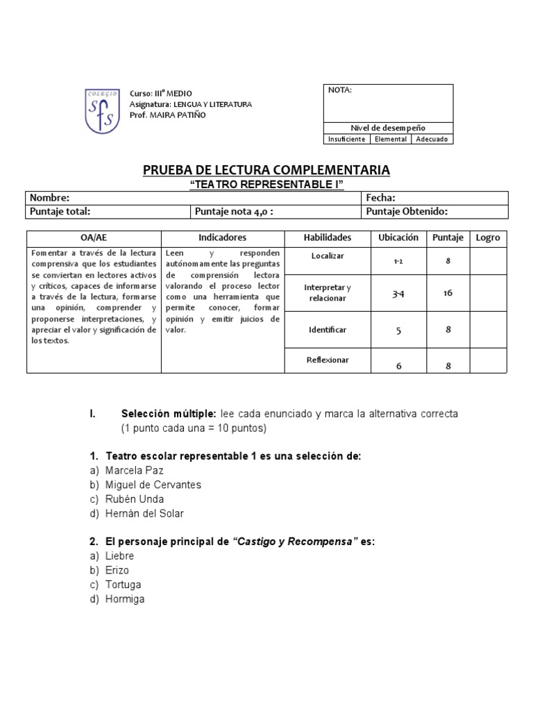 Prueba Teatro Escolar Representable | PDF
