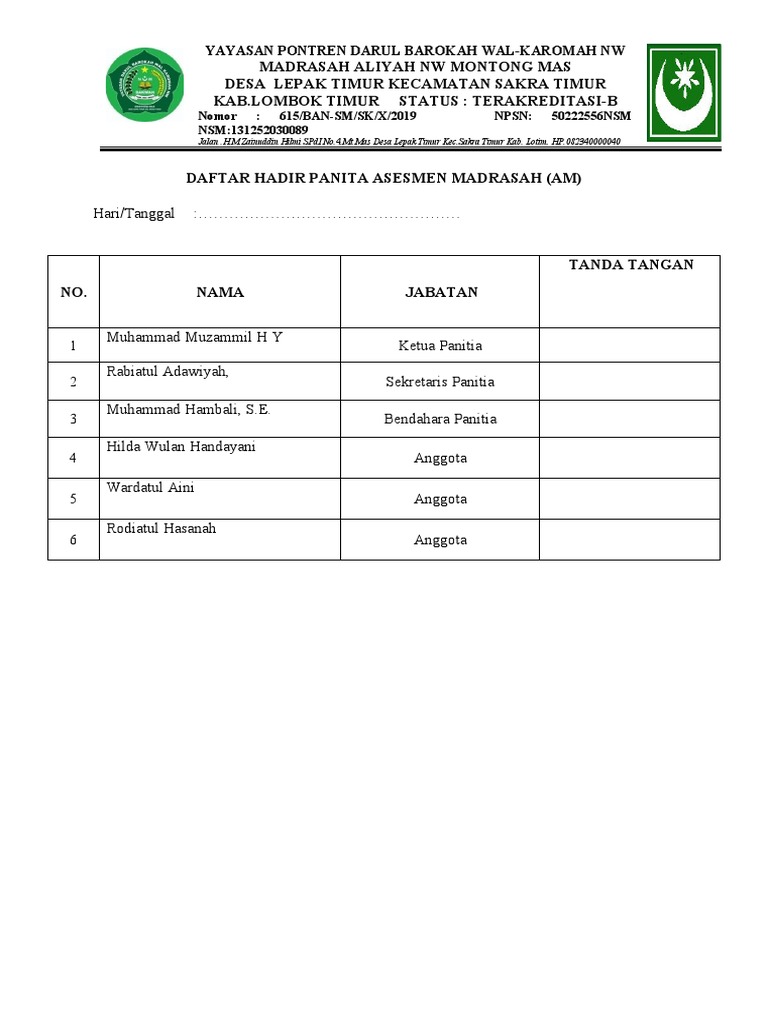 Daftar Hadir Panitia Asesmen Madrasah | PDF
