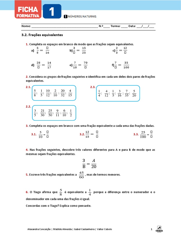 Ficha - Frações Equivalentes | PDF | Notação matemática | Números